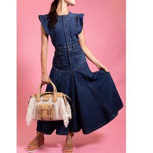 Chloe | Dresses | Chloe Denim Flared Basque Capsleeve Midi Dress Size ...